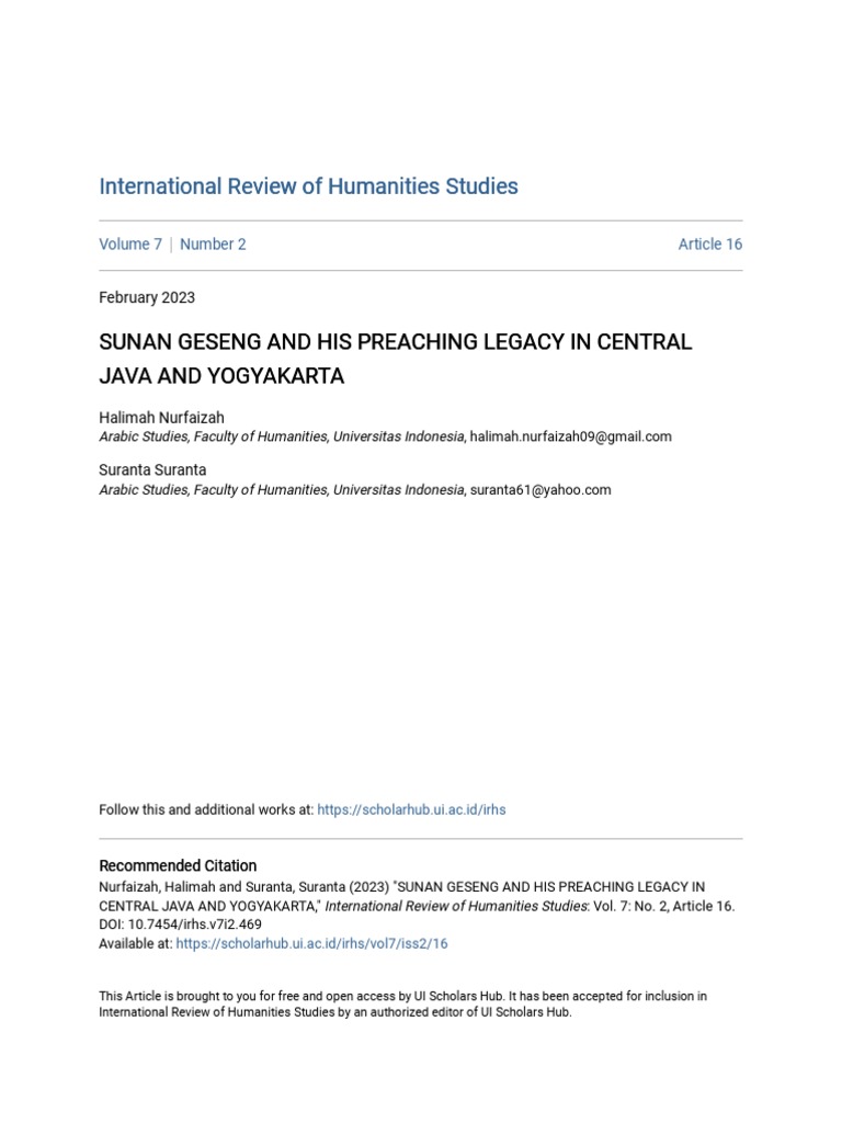Sunan Geseng and His Preaching Legacy in Central Java and Yogyaka | PDF