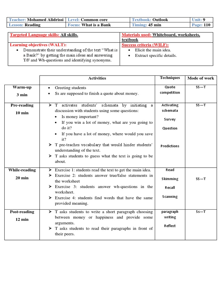 Lesson Plan For Reading: What Is A Bank? | PDF