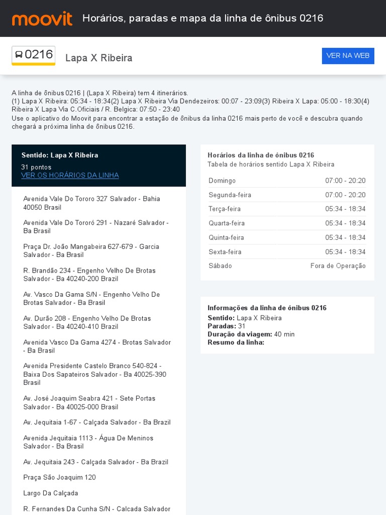 Lapa X Ribeira: Horários, Paradas e Mapa Da Linha de Ônibus 0216 | PDF
