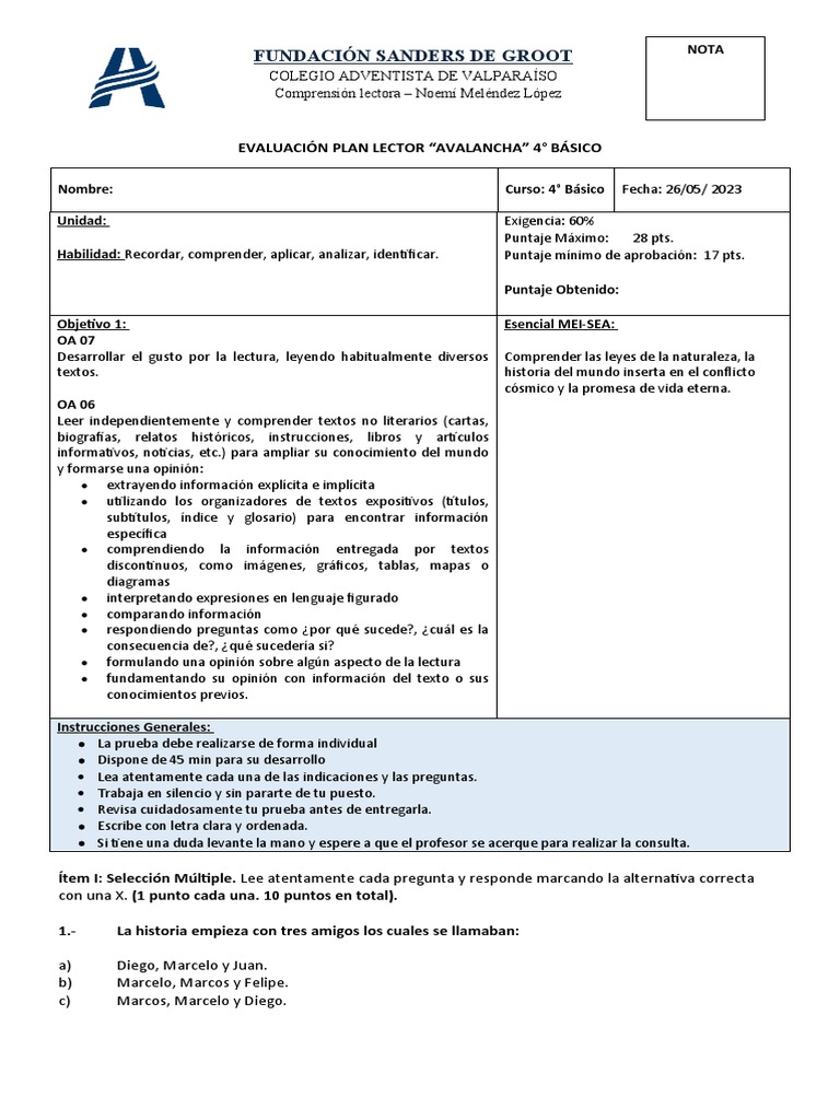 Evaluación Plan Lector - Avalancha | PDF | Evaluación