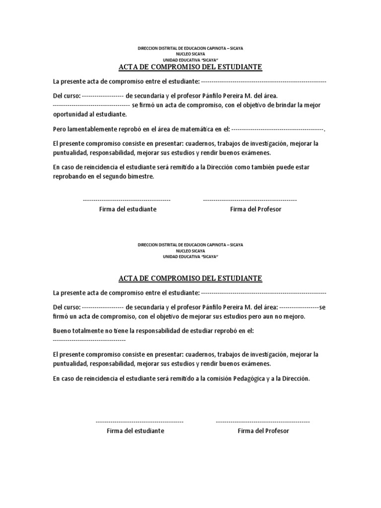 Acta de Compromiso Del Estudiante | PDF