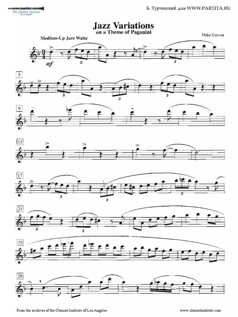 (Clarinet Institute) Garson Jazz Variations On A Theme of Paganini | PDF