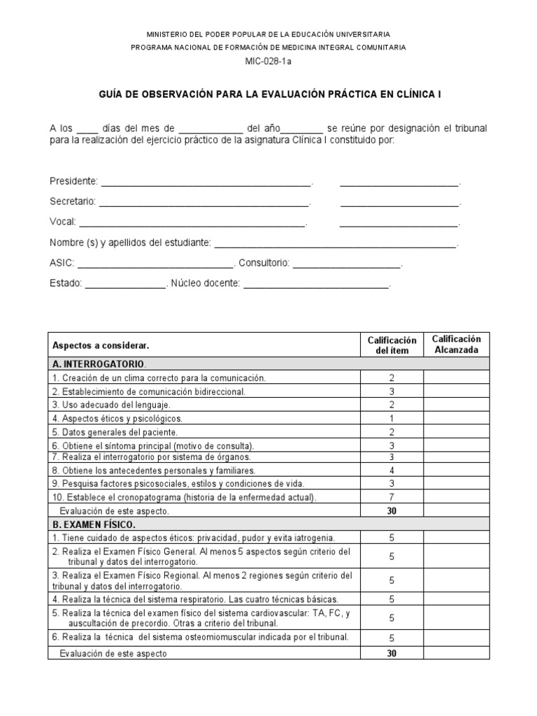 MIC 028-1a Modelo guía de evaluacion práctica CLINICA I | PDF | Examen ...