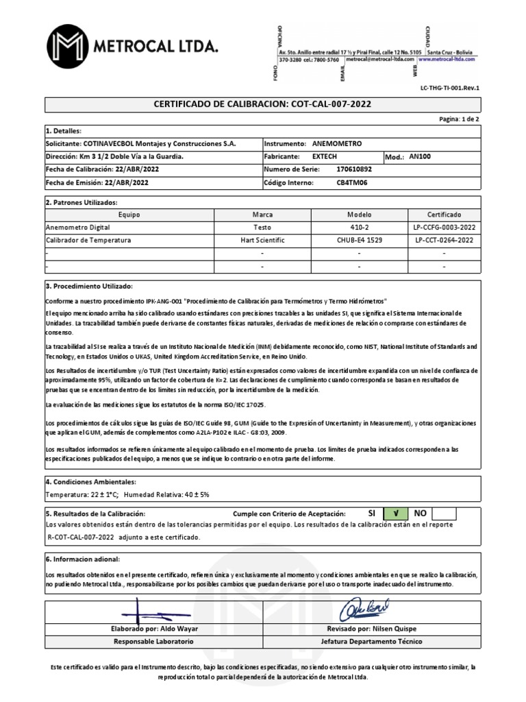 Cot Cal 007 2022 | PDF | Calibración | Medición Cot Cal 007 2022 | PDF | Calibración | Medición