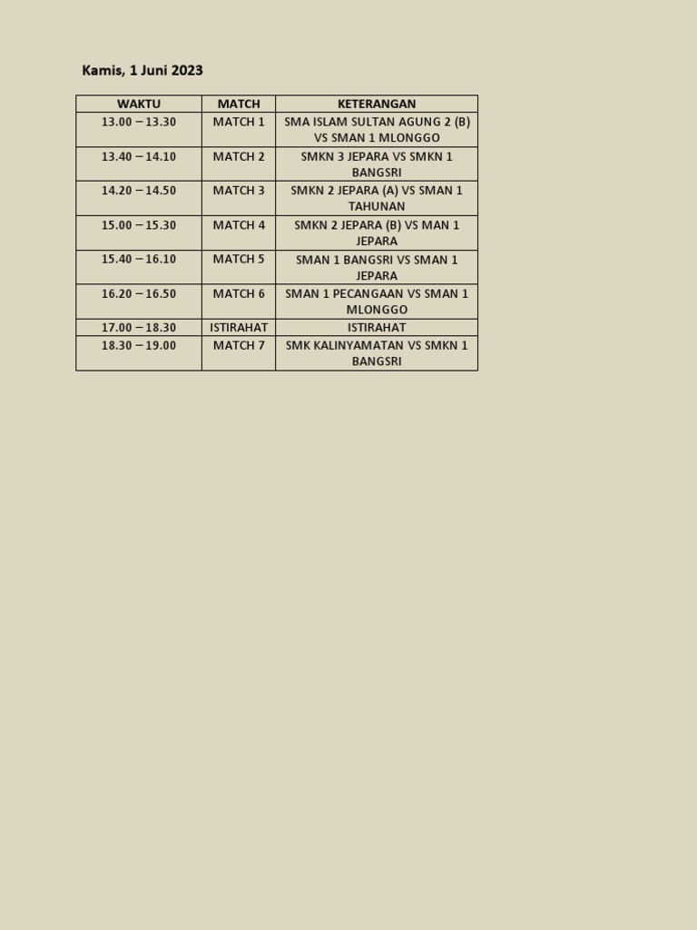 Contoh Jadwal Pertandingan | PDF
