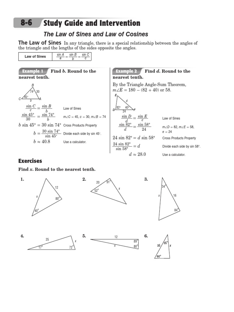 Study Guide and Intervention: The Law of Sines and Law of Cosines | PDF ...
