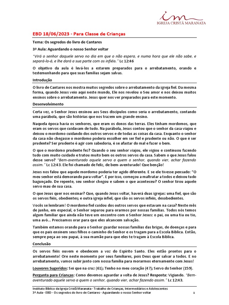 3a Aula - EBD - CIA - Os Segredos Do Livro de Cantares - Aguardando o ...