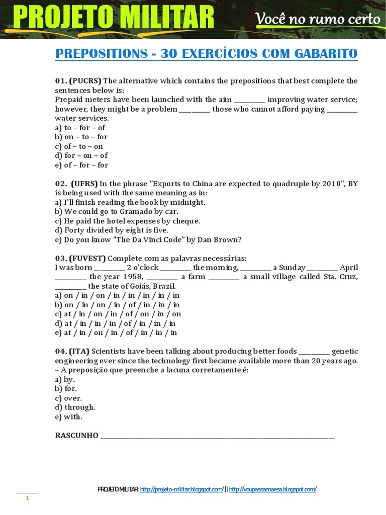 Prepositions - 30 Exercícios Com Gabarito PDF | PDF