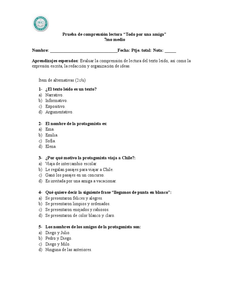 Prueba de Literatura Todo Por Una Amiga 7c | PDF