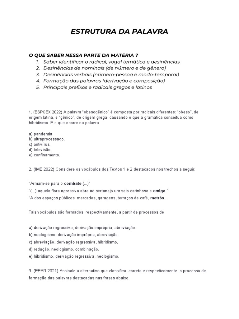 Lista 1 - Estrutura Das Palavras | PDF