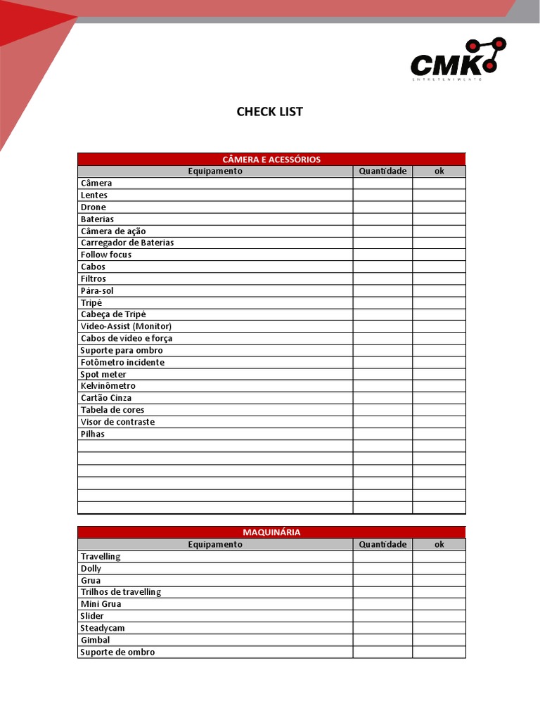 Modelo de Checklist Cinemarketing | PDF | Câmera | Componentes