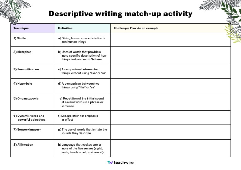 Descriptive Writing Match-Up Worksheet | PDF