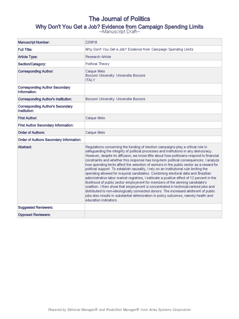 The Journal of Politics: Why Don't You Get A Job? Evidence From ...