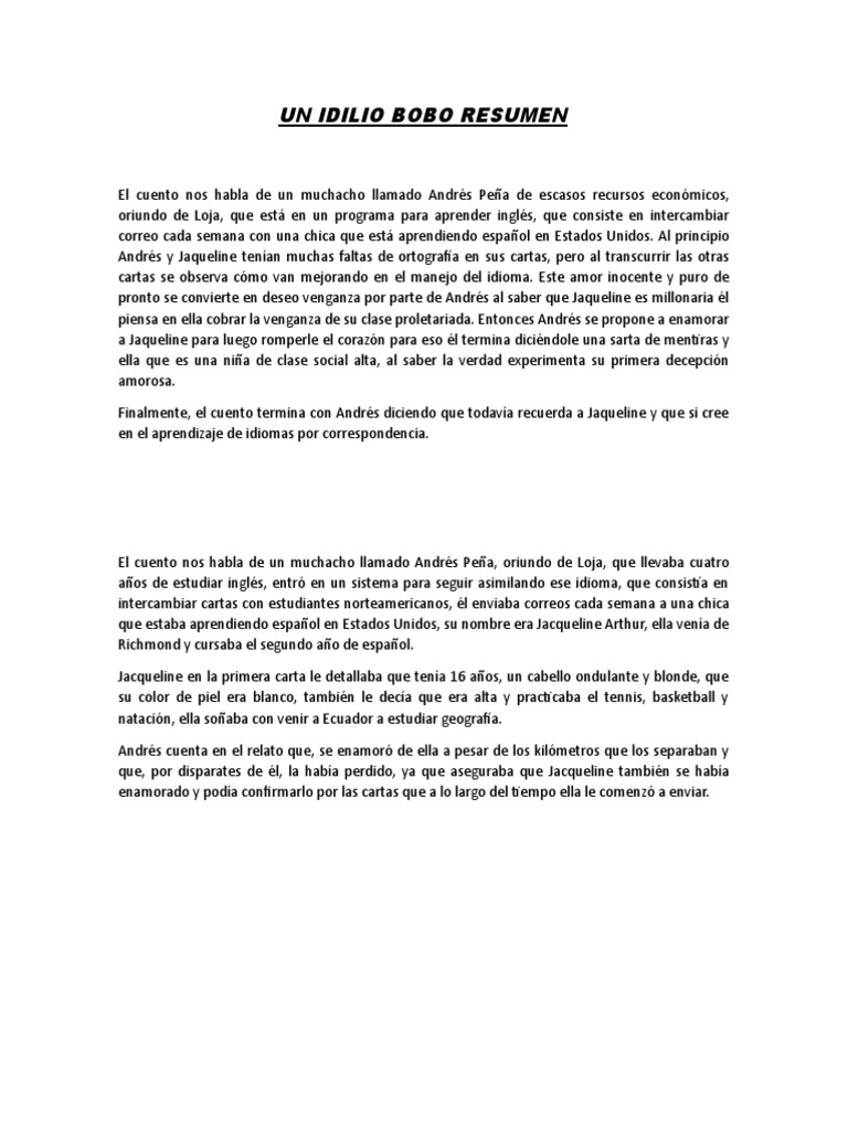 Un Idilio Bobo Resumen | PDF