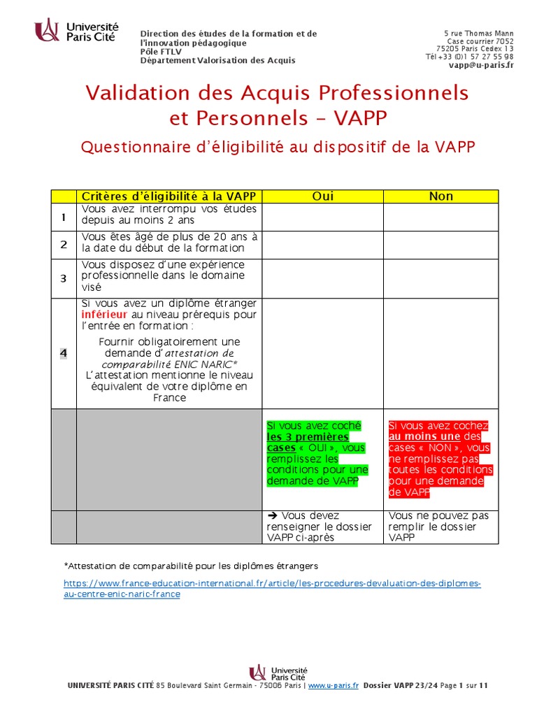 Dossier VAPP 2023/2024 : Éligibilité et Inscription | PDF | Paris