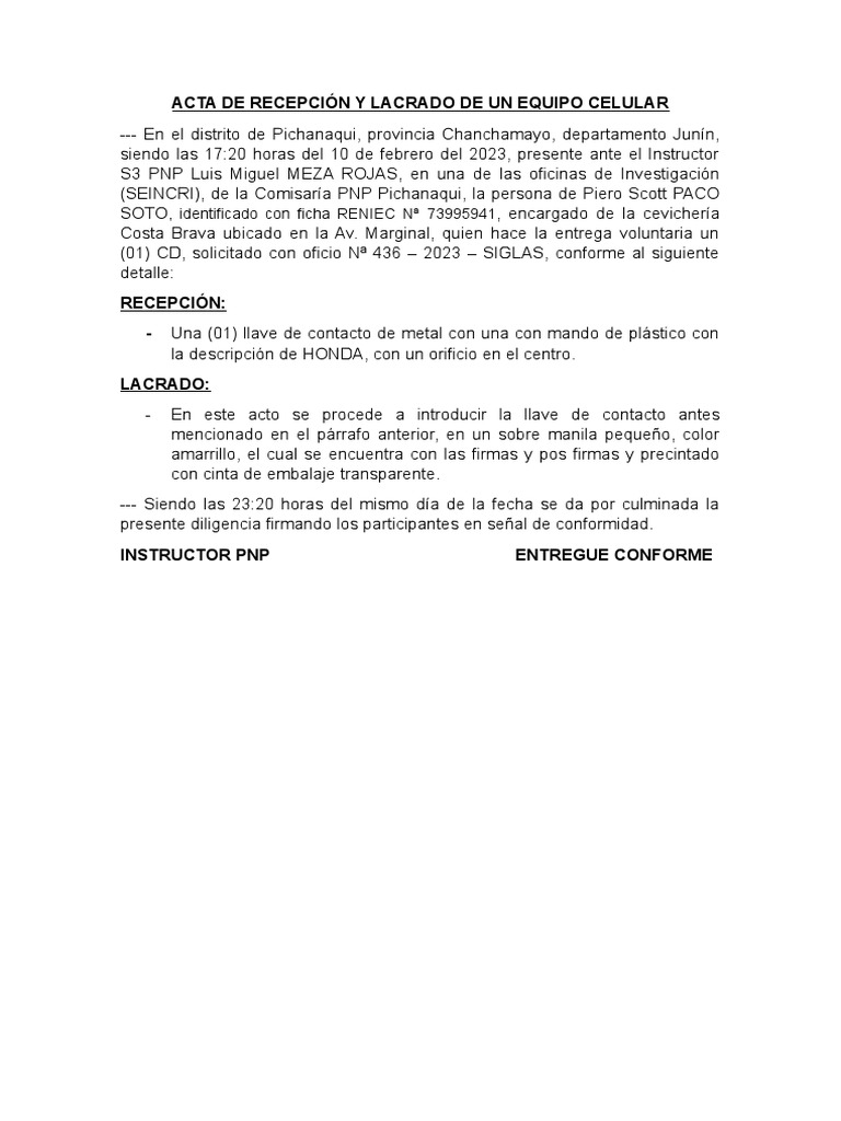 Acta de Recepción y Lacrado de Capturas de Pantallas | PDF