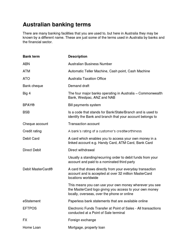 Australian Banking Terminology Guide | PDF | Debit Card | Banks