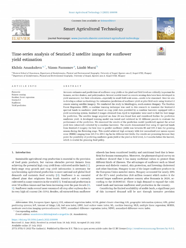 Time-Series Analysis of Sentinel-2 Satellite Images For Sunflower Yield Estimation - Elsevier ...