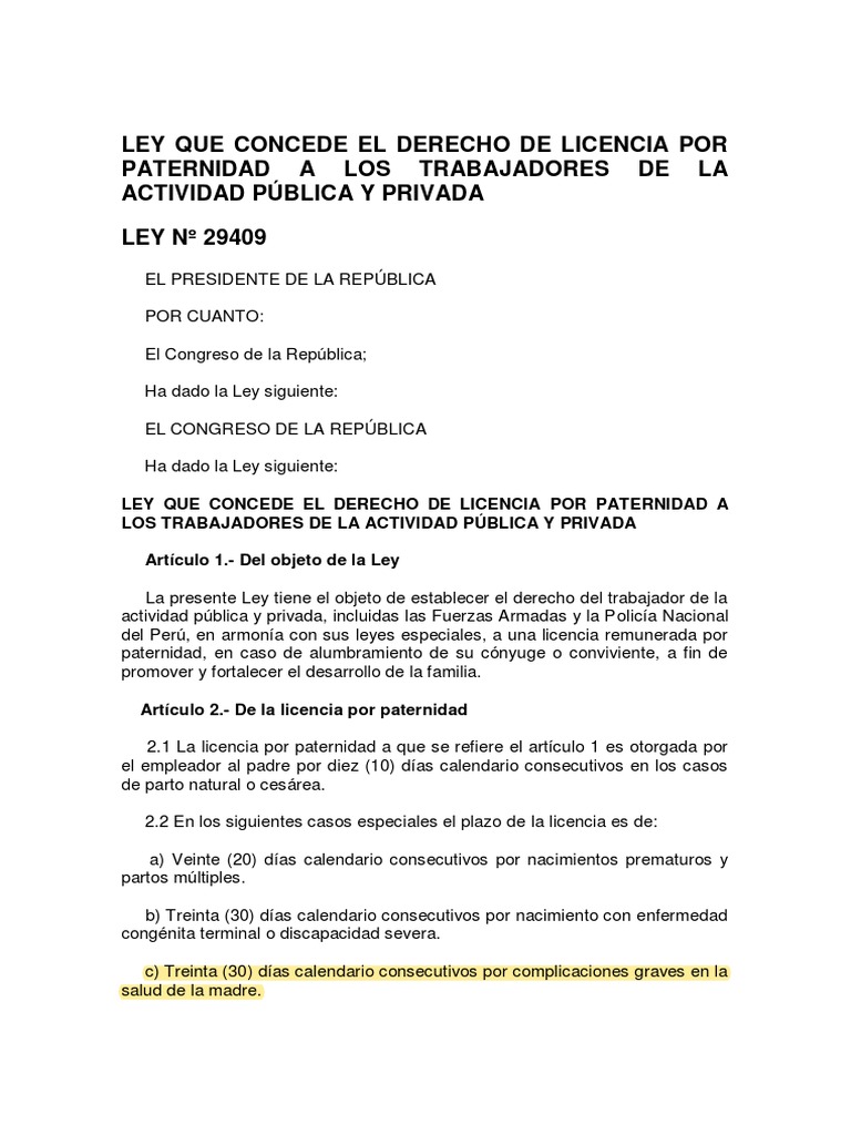 Ley #29409 - D° Paternidad | PDF | Gobierno