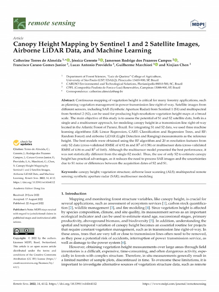 Canopy Height Mapping by Sentinel 1 and 2 Satellite Images, Airborne LiDAR Data, and Machine ...