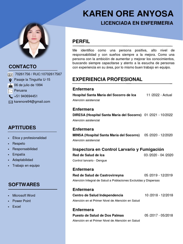 Karen Ore Anyosa: Licenciada en Enfermeria | PDF | Hospital | Enfermería