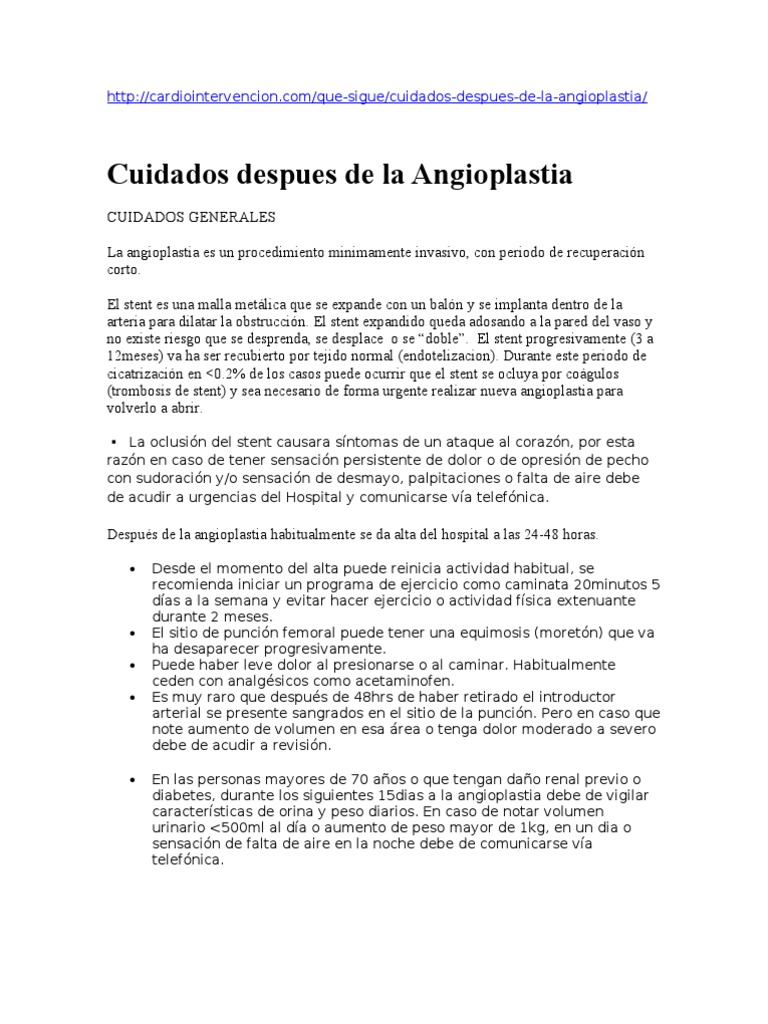 Recuperacion Ejercicios Alimentacion Post Angioplastia | PDF | Stent ...