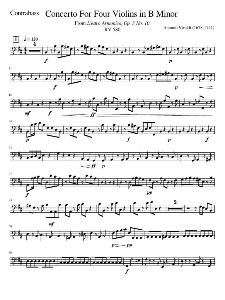 Antonio Vivaldi - Koncert Na 4 Skrzypiec H-Moll Nr. 10 Op. 3 - Kontrabas (Version 2) | PDF ...