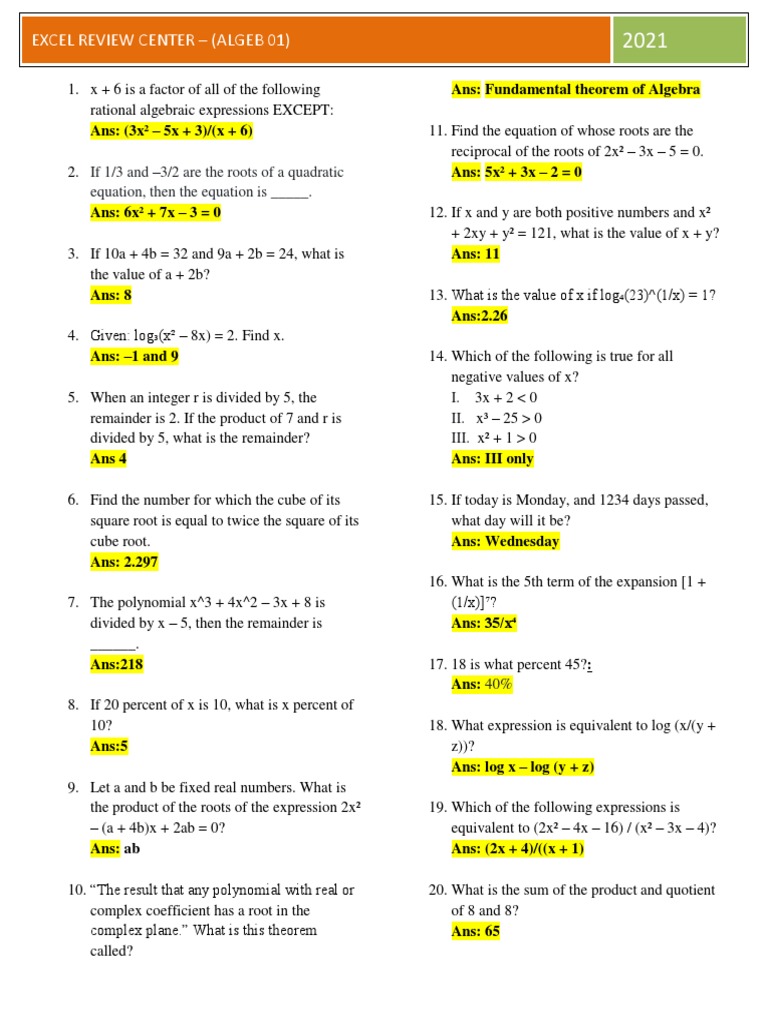 1.excel Question Bank Math (Algeb1-Ans) | PDF | Numbers | Factorization