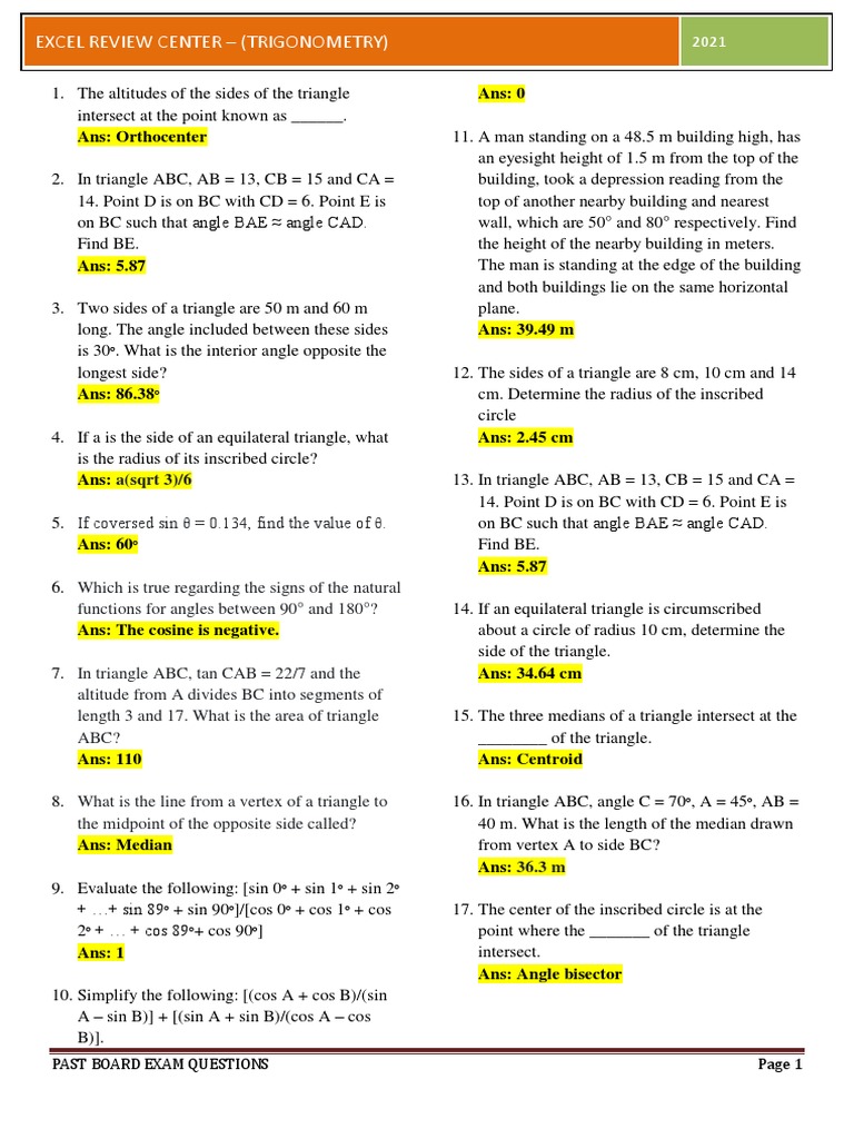 4.excel Question Bank Math (Trigo-Ans) | PDF | Triangle | Geometry