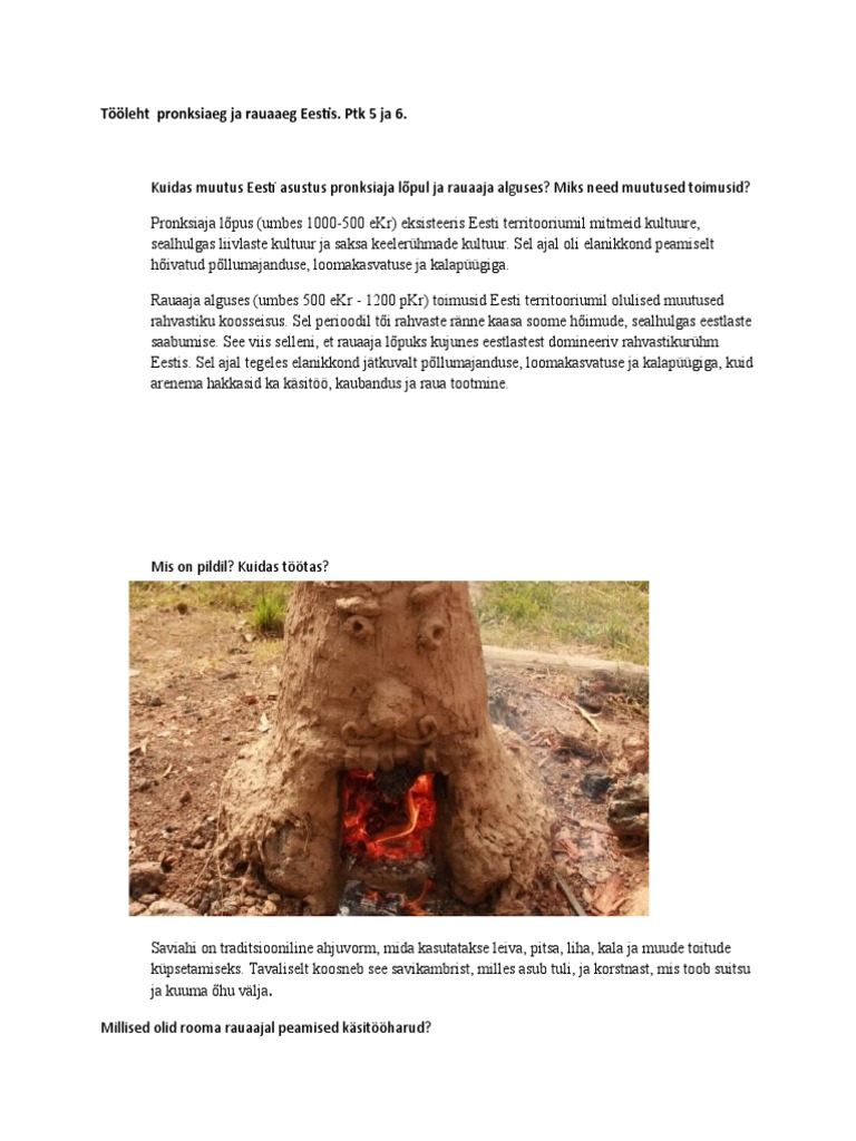 Tööleht Pronksiaeg Ja Rauaaeg Eestis | PDF