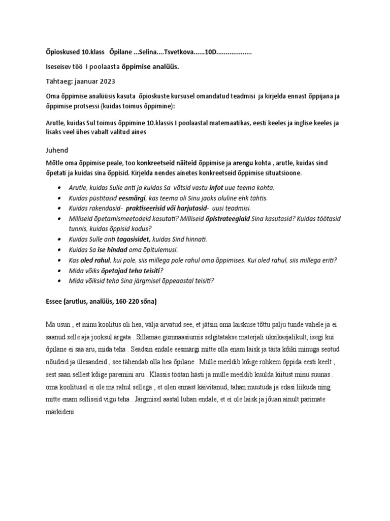 Essee I Poolaasta Õppimise Analüüs | PDF