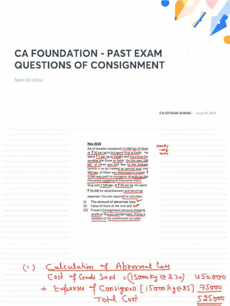 CA FOUNDATION PAST EXAM QUESTIONS OF CONSIGNMENT With Anno | PDF