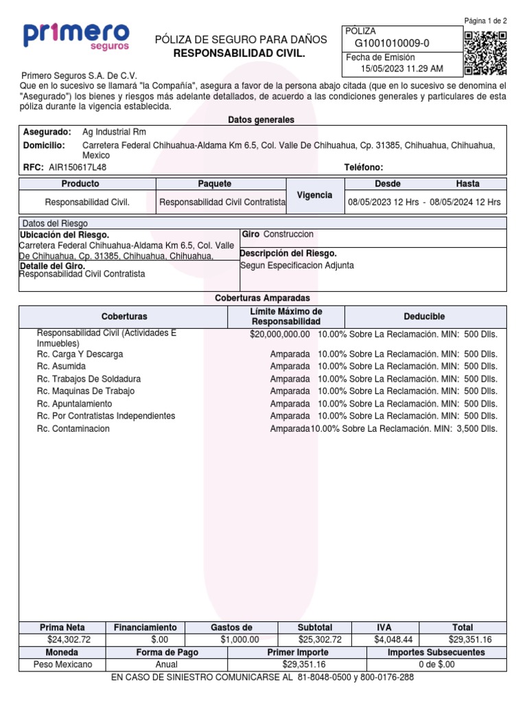 Poliza de Seguro RC Contratista Ag Industrial | PDF | Seguro