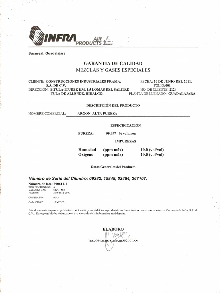 Cert Gas Argon 300611 | PDF