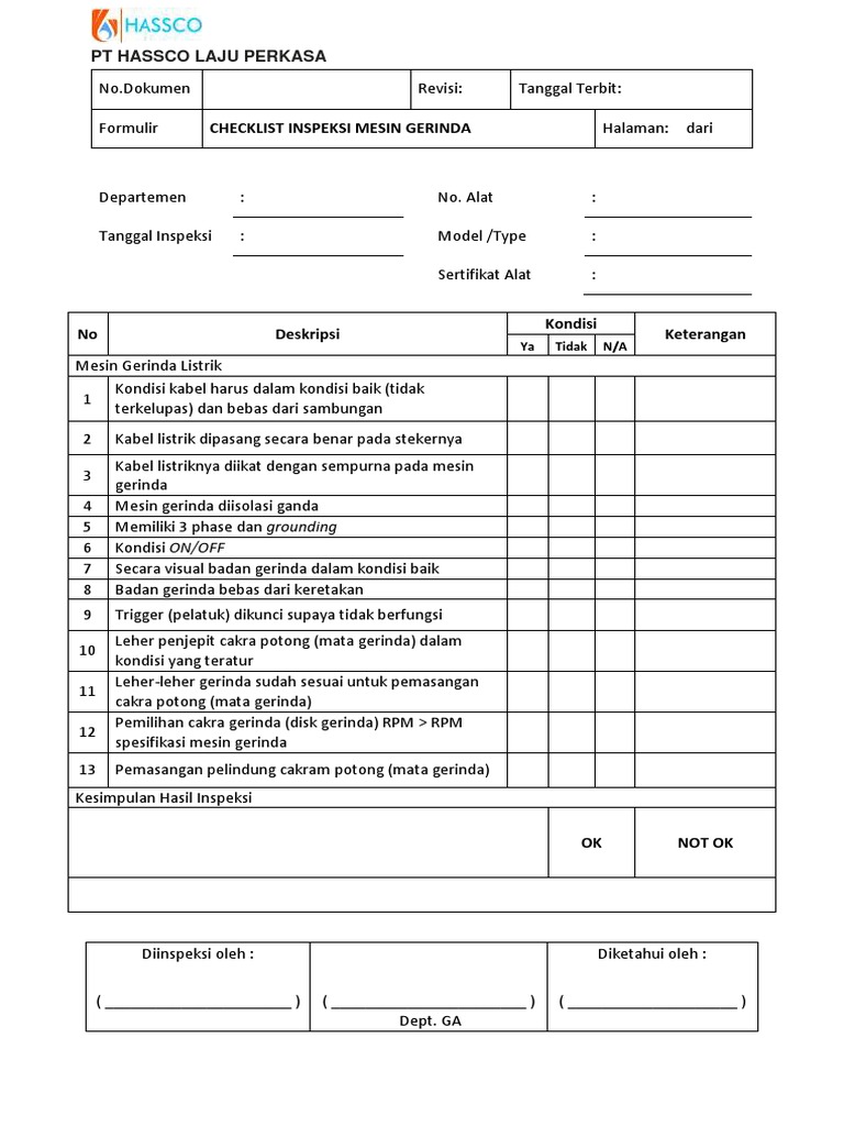 Form Check List Inspeksi Mesin Gerinda | PDF