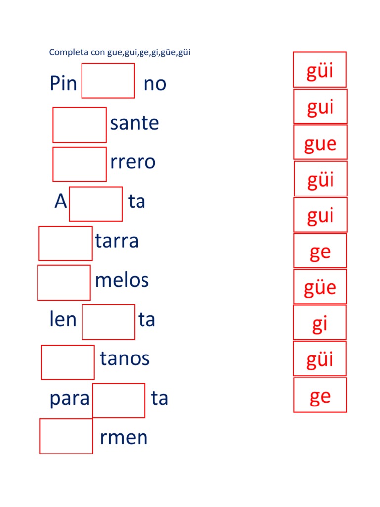 Palabras con gue y gui para completar | PDF