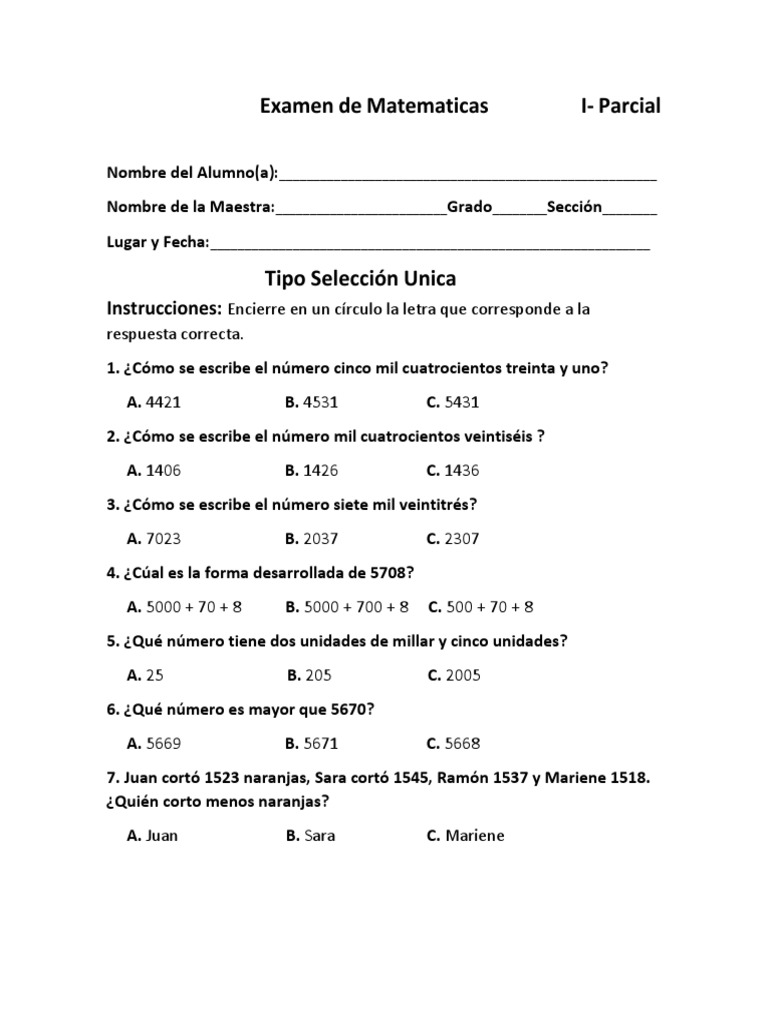 Examen de Matematicas I-Parcial | PDF