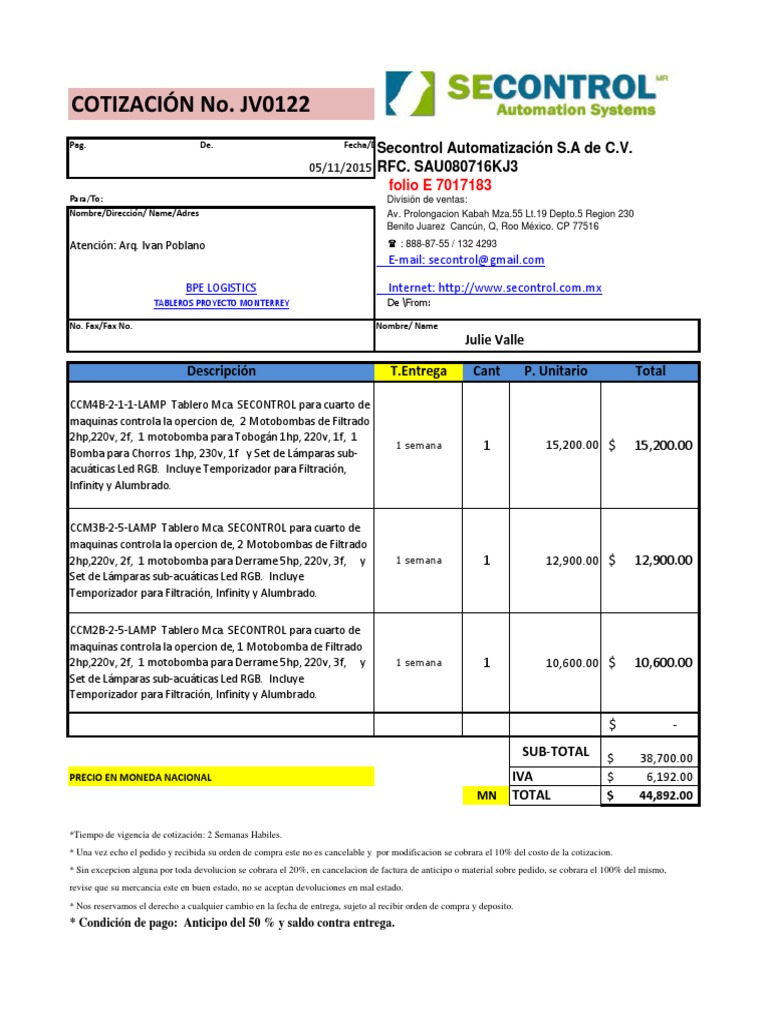Cotización de Tableros Secontrol | PDF | Servicios financieros | Bancario