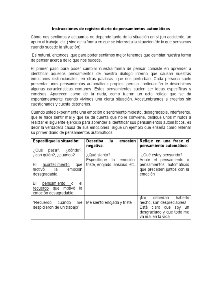 Instrucciones De Registro Diario De Pensamientos Automáticos Pdf
