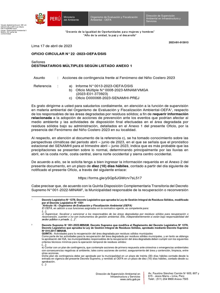 Oficio Circular 022 2023 Oefa Dsis | PDF