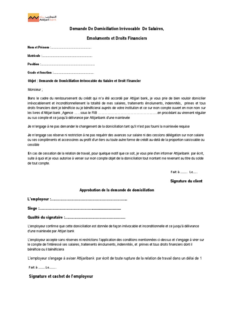 Attestation De Domiciliation Irrevocable De Salairepdf Conditions