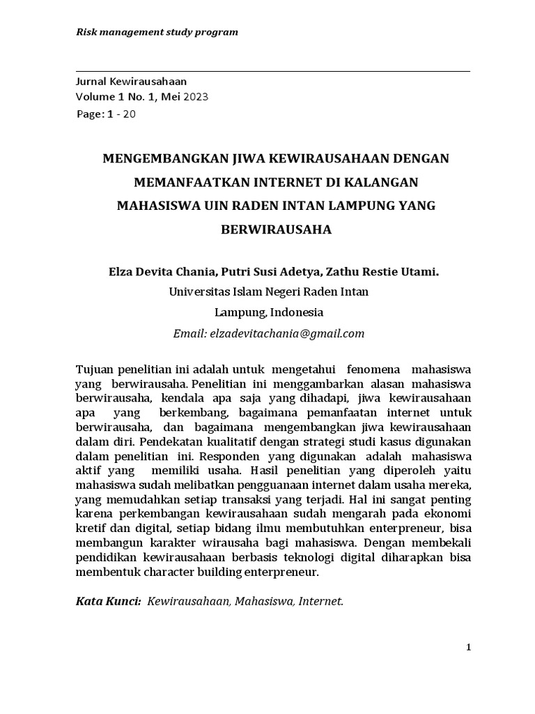 Artikel Kwu (Mengembangkan Jiwa Kewirausahaan Dengan Memanfaatkan Internet Studi Kasus Mahasiswa ...