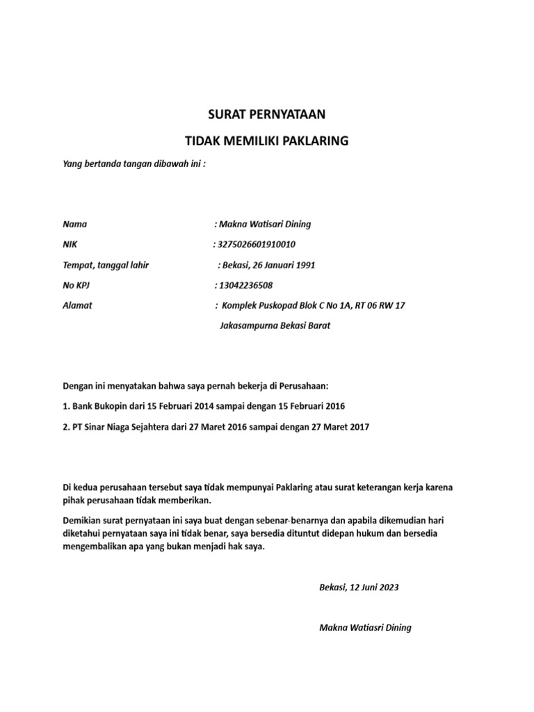 Surat Pernyataan | PDF