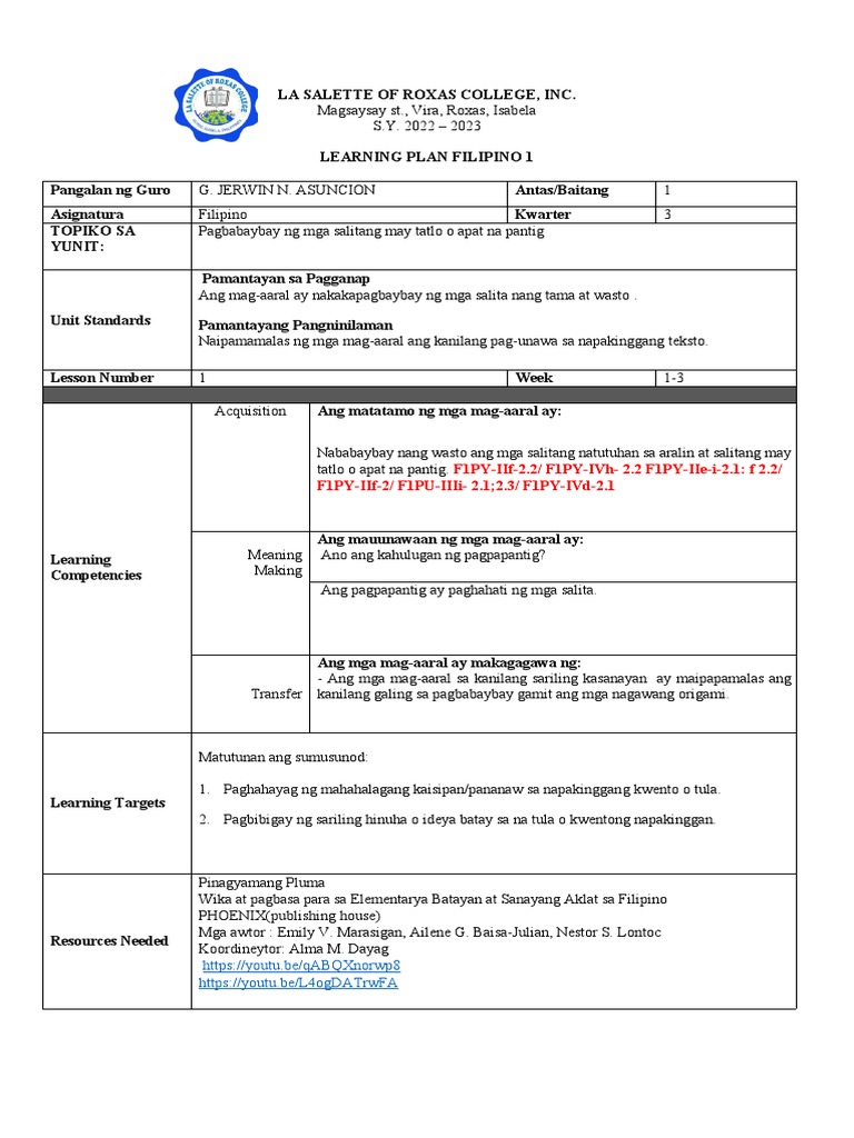 Learning Plan Fil 1 Q3 Week 1-3 | PDF