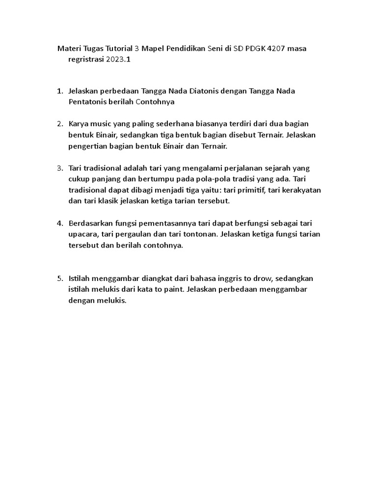 Materi Tugas Tutorial 3 Mapel Pendidikan Seni Di SD PDGK 4207 | PDF