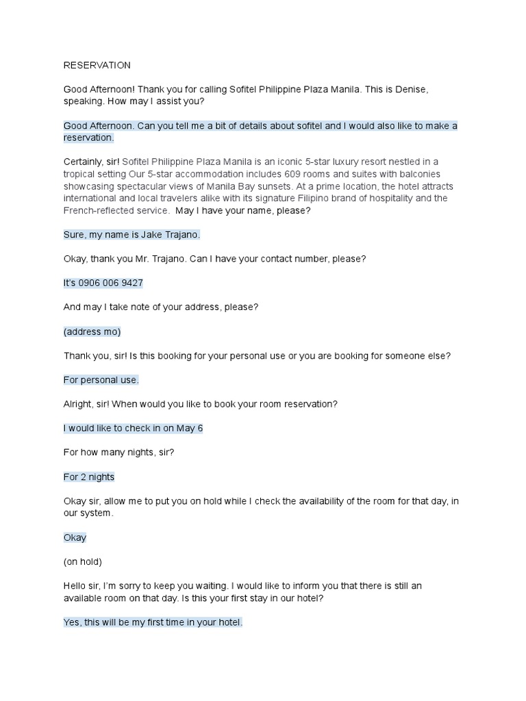 Front Office Script - Reservation | PDF