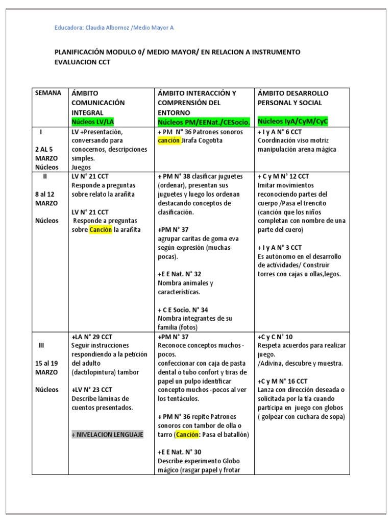 Plani. Modulo 0 Medio Mayor en Relacion A Instrumento Evaluacion CCT | PDF