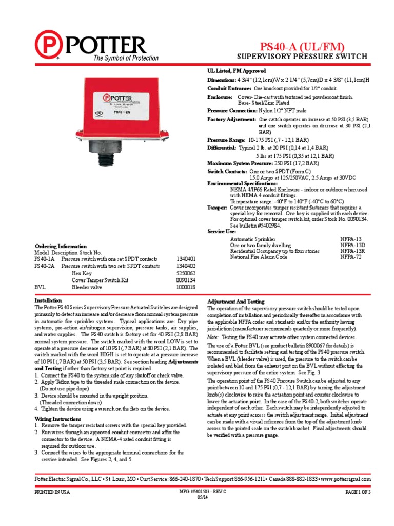 PS40-A (UL/FM) : Supervisory Pressure Switch | PDF | Switch | Valve