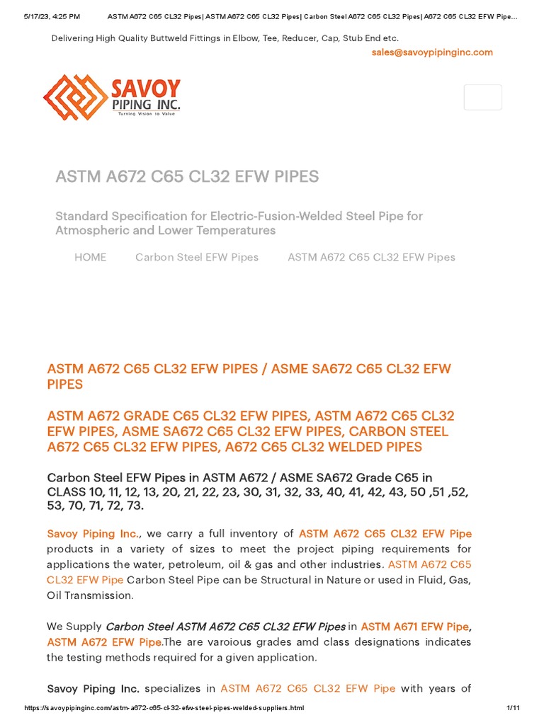 Home Carbon Steel EFW Pipes ASTM A672 C65 CL32 EFW Pipes | PDF