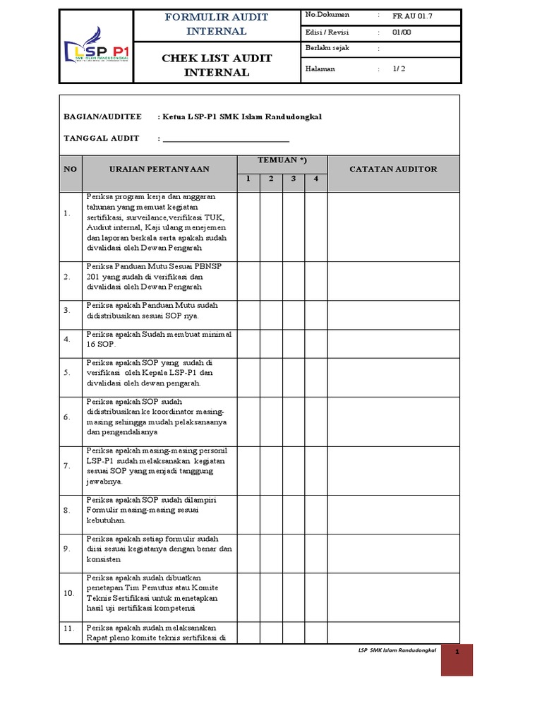Checklist Audit Internal LSP-P1 SMK | PDF